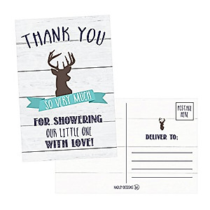 Hadley Designs 50 4x6 Rustic Deer Baby Shower Thank You Postcards Woodland Animals Bulk, Modern Cute Boho Blank Thanks Note Card For Girl or Boy Stationery Appreciation Set