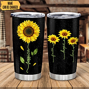 Hyturtle Personalized Gifts For Sunflower Lover - Faith Hope Love Sunflower Custom Name Stainless Steel Tumbler 20oz With Lid - Idea Floral Lover Gifts For Women Girl On Birthday, Christmas