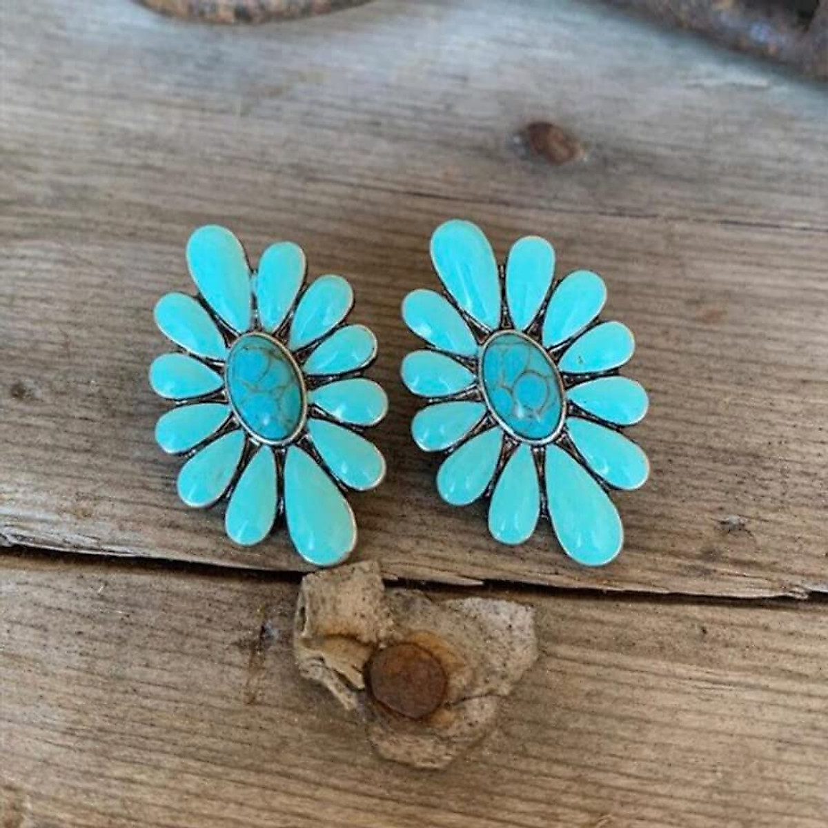 Bohemian Western Natural Turquoise Geometric Flower Drop Dangle Earrings Ethnic Teardrop for Women Statement Cowgirl Ethnic Boho Jewelry-1