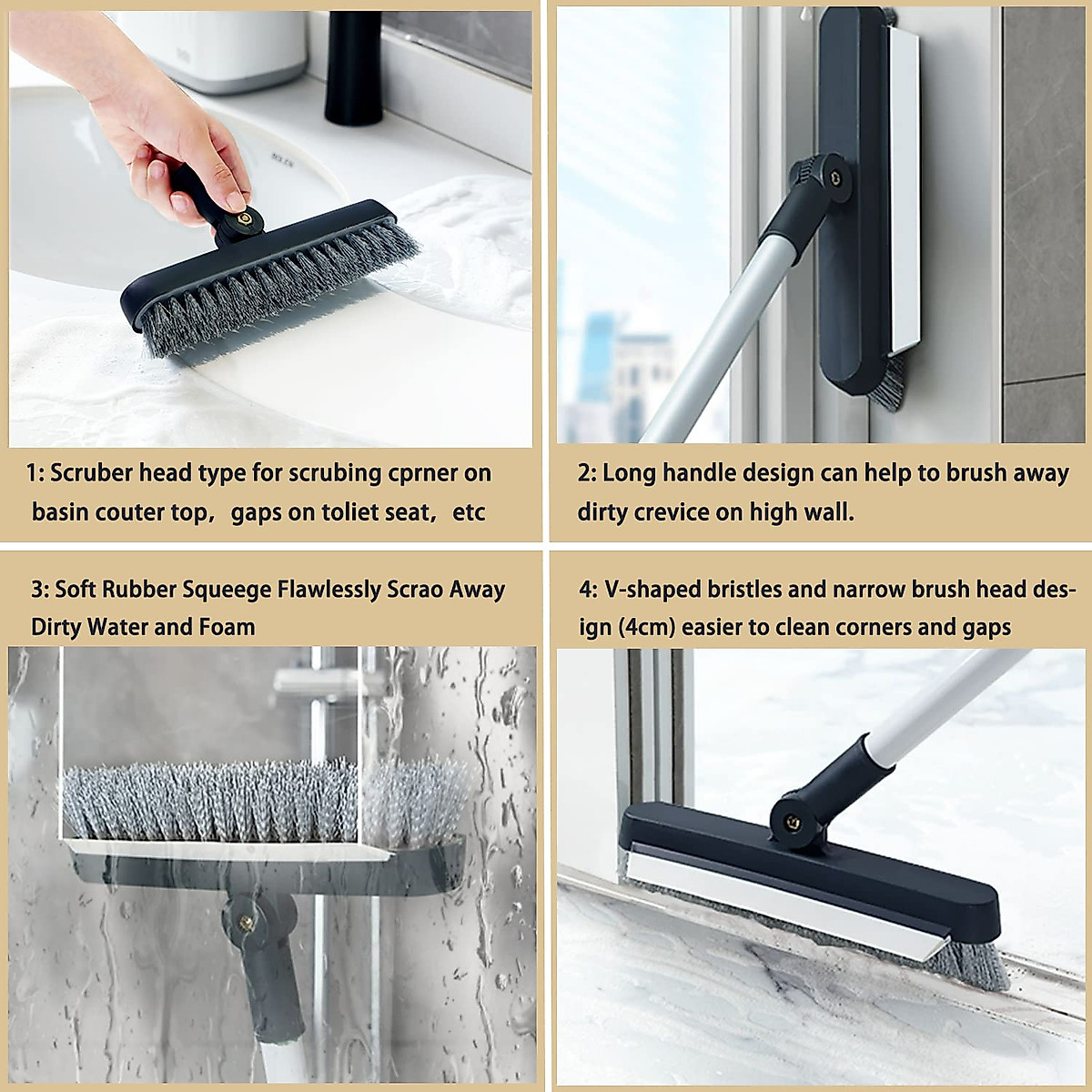 Floor Scrub Brush with Long Handle Grout Brush 2 in 1 Scrape Brush V-Shape Stiff Bristle Floor Scrubber with Squeegee 180°Rotating, Shower Scrubber Brush for Cleaning Bathroom, Kitchen, Wall