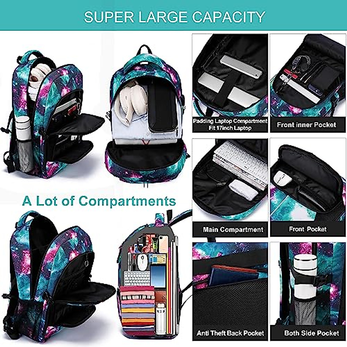 Backpack for College Large Bookbag Travel Business with USB Charging Port, Travel Laptop Backpack Work Bag, Anti Theft Durable Water Resistant Computer Bag Fit Laptop Up to 17.3 Inch, Galaxy - Green