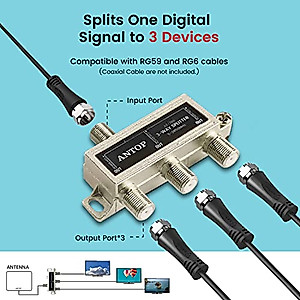 ANTOP 3-Way Coaxial Cable Splitter 2GHz- 5-2050MHz Worked with Satellite, HDTV, Antenna Signal- All Port Power DC Power Passing, Silver Plated and Corrosion Resistant