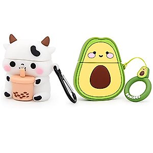 Mouzor 2 Pack Cute Avocado Airpods Case, Boba Tea Cow Airpods 2 Case, Funny 3D Cartoon Soft Silicone Full Protection Charging Cases Cover with Carabiner for Airpods 1st Generation, 2nd Generation