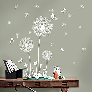 Supzone Dandelion Wall Stickers Flower Wall Decals Butterflies Flying Wall Decors Art Stickers for Bedroom Living Room Sofa Backdrop TV Wall Decor (White Dandelion)