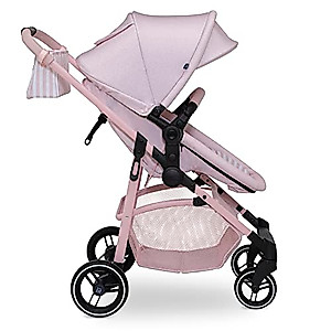 babyGap by Delta Children 2-in-1 Carriage Stroller - Greenguard Gold Certified - Car Seat Compatible, One-Handed Fold, Lightweight & Oversized Canopy - Made with Sustainable Materials, Pink Stripes