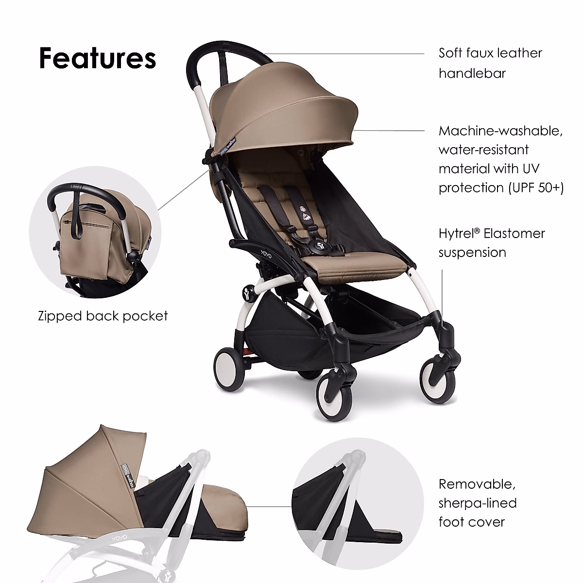 BABYZEN YOYO2 Stroller & 0+ Newborn Pack - Includes White Frame, Taupe 6+ Color Pack & Taupe 0+ Newborn Pack - Suitable for Children Up to 48.5 Pounds
