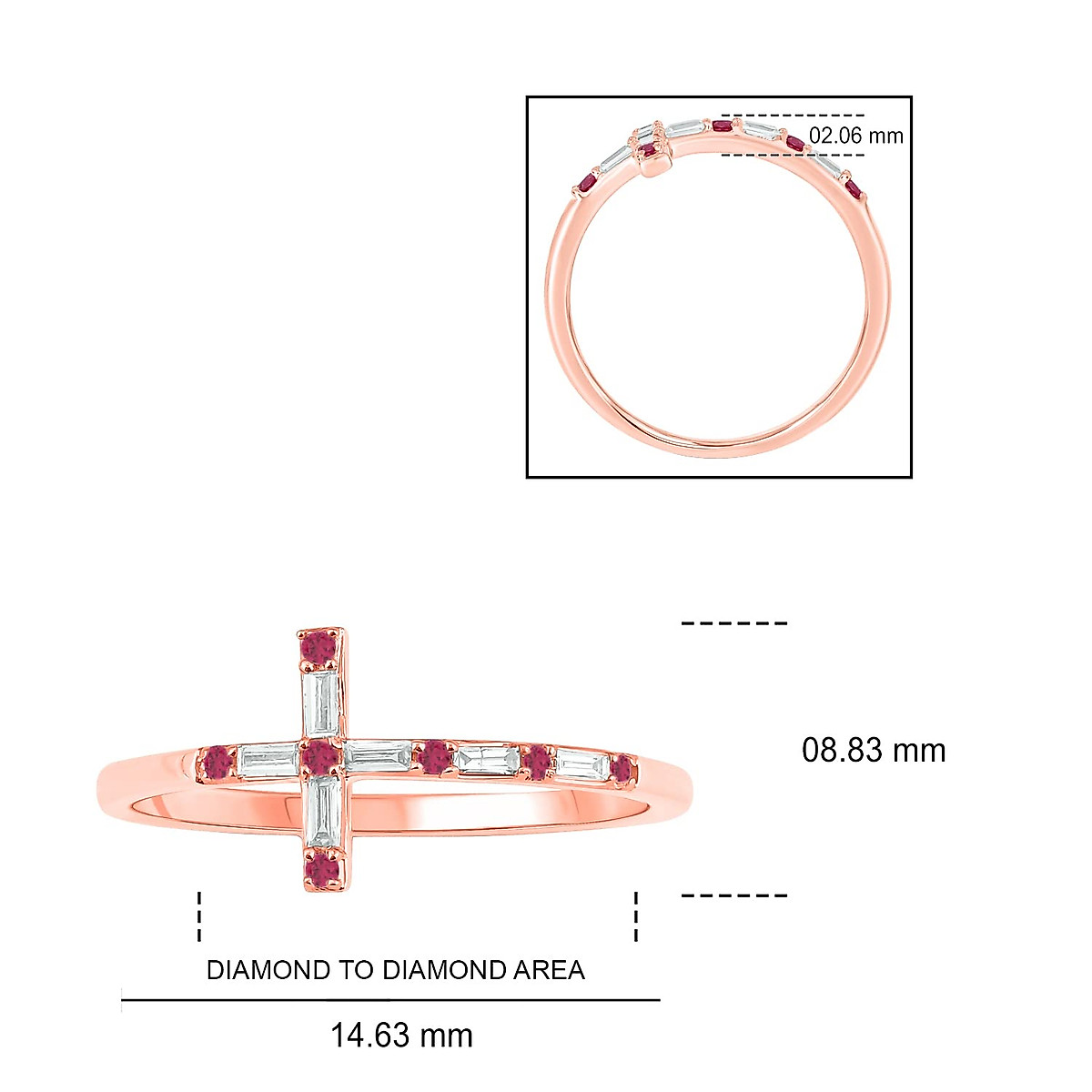 1/20cttw White Baguette Diamond and Gemstone Sideways Cross Ring for Women in 14k Gold, Women's Horizontal Cross with Choice of Natural Gemstone or Round Diamond in 14k Yellow, Rose or White Gold