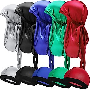 10 Pieces Kids Satin Silk Durag with Wave Caps Set Unisex Baby Durags 360 Wave Wide Strap Headwraps Long Tail Turban Beanies (Silver, Black, Royal Blue, Red, Green)