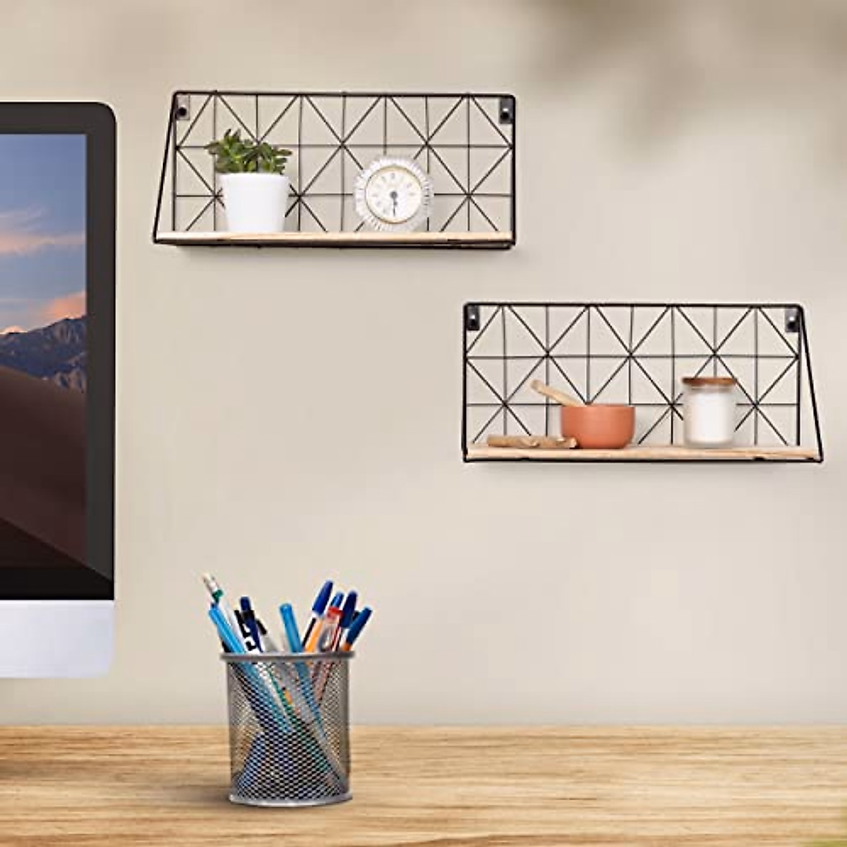 Greenco Geometric Mounted Floating, Home Decor, Metal Wire and Rustic Wood Wall Storage Shelves for Bedroom, Living Room, Bathroom, Kitchen, Office and More – Set of 2