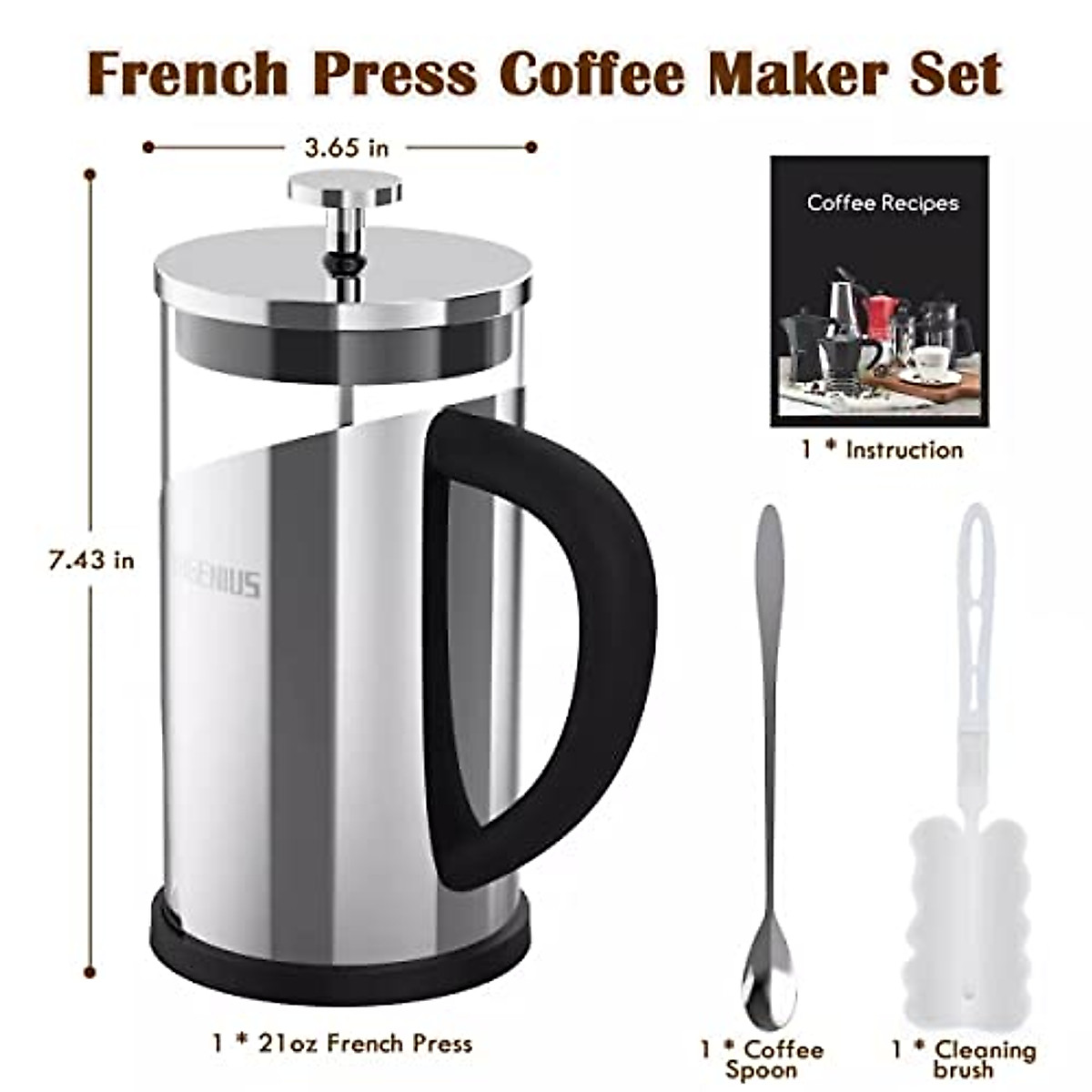 TBGENIUS French Press Coffee Maker 2-4 Cups, 21oz Coffee Press Perfect for Coffee Lover Gifts Morning Coffee, 4 Level Filtration, Stainless Steel Housing - Brews Milk Froth and Tea - 600ml