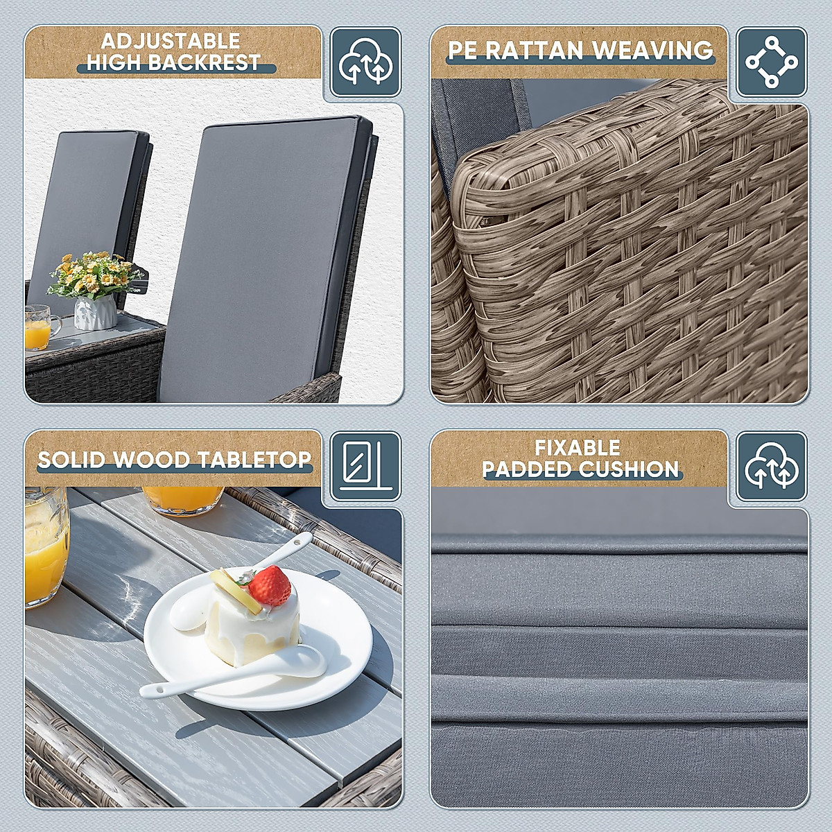 Devoko Patio Recliner Loveseat Chair, Adjustable Backrest Wicker Conversation Set with Table,Thick Cushion, Outdoor & Indoor Patio Recliners for Balcony, Porch, Living Room