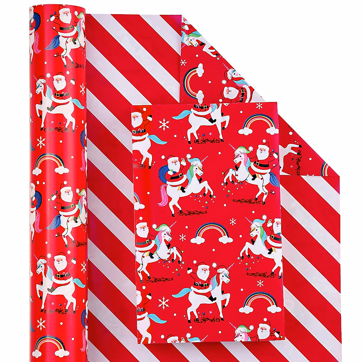 WRAPAHOLIC Reversible Christmas Wrapping Paper - Mini Roll - 17 Inch X 33 Feet - Red Santa Claus and Unicorn, Red and White Stripe Design for Holiday, Party, Celebration