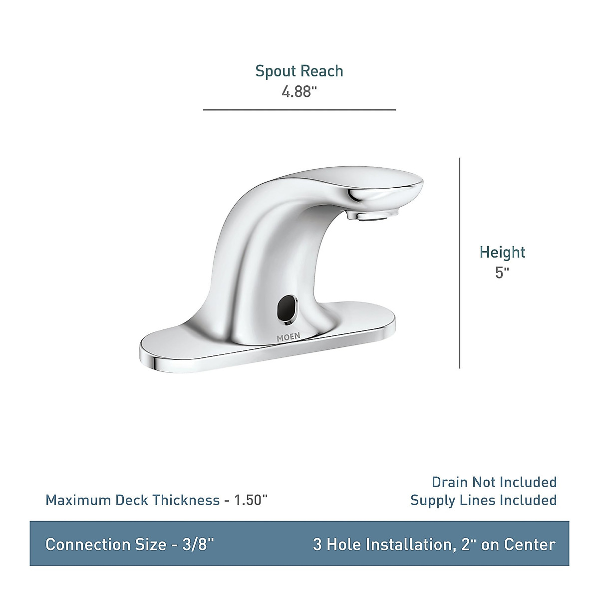 Moen M-Power Chrome Commercial Touchless 4-Inch Centerset Hands-Free Battery Powered Sensor-Operated Bathroom Faucet, CA8301