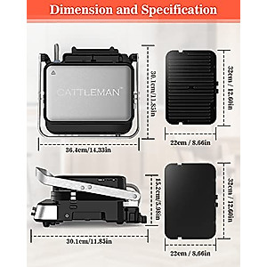 5 in 1 Indoor Grill, Panini Press Grill Sandwich Maker, CATTLEMAN CUISINE Electric Contact Grill and Griddle with Removable Nonstick Grill Plates, Smart Probe, LCD Display, Stainless Steel, 1600W