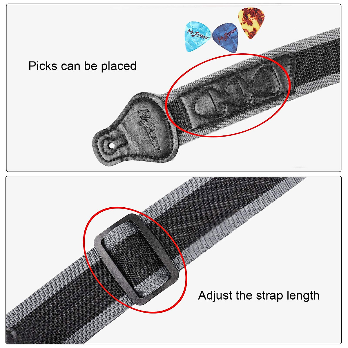 Mr.Power Guitar Strap 36.6in - 65in with 3 Pick Holders for Electric/Acoustic Guitar, Nylon Strap