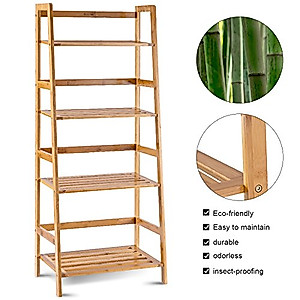 COSTWAY 47.5'' Bamboo Ladder Shelf, Multifunctional Plant Flower Display Stand, Storage Rack, Bookcase Bookshelf Natural (4 Tier)