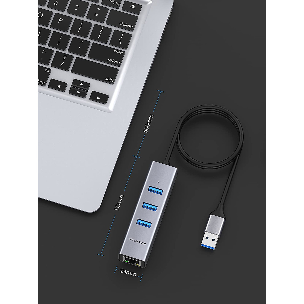 LENTION 3-Port USB 3.0 Hub with Gigabit Ethernet Adapter Compatible MacBook Air/Pro (Previous Generation), iMac, Surface, Chromebook, More Type A Laptops - Ultra Slim (CB-H23s-0.5M, Space Gray)