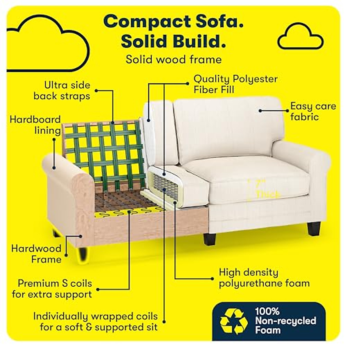 Serta Copenhagen Rolled Arm, Easy Care Polyester, Soft Pillow Back, Pocket Coil Seat Cushions, Removable Covers, Loveseat or Couch for Small Spaces, Living Rooms or Bedrooms, 73" Sofa, Buckwheat