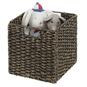 mDesign Seagrass Woven Cube Basket Organizer with Handles - Storage for Bedroom, Office, Living Room, Bathroom, Perfect for Cubby Storage Units - Hold Blankets, Magazines, Books - 4 Pack - Black Wash