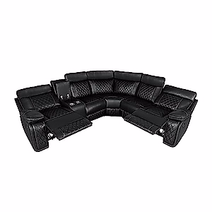 Merax, Black Home Theater Seating Manual Cup Holder, Hide-Away Storage PU Reclining Sofa Couch for Living Room
