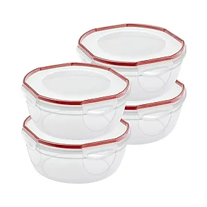 Sterilite 03938604 Rocket Red Ultra Seal 2.5 Quart Clear Plastic Food Storage Latching Bowl Container Box with Lid, Clear/Red