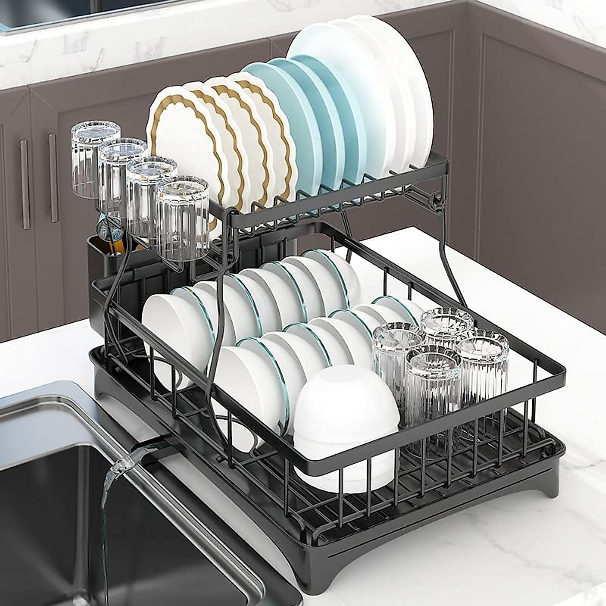 Dish Drying Rack for Kitchen Counter, 2 Tier Large Kitchen Drying Rack with Drainboard, Anti-Rust Stainless Steel Dish Drainer with Utensil Holder Wine Glass Holder for Cup Bowl Plate