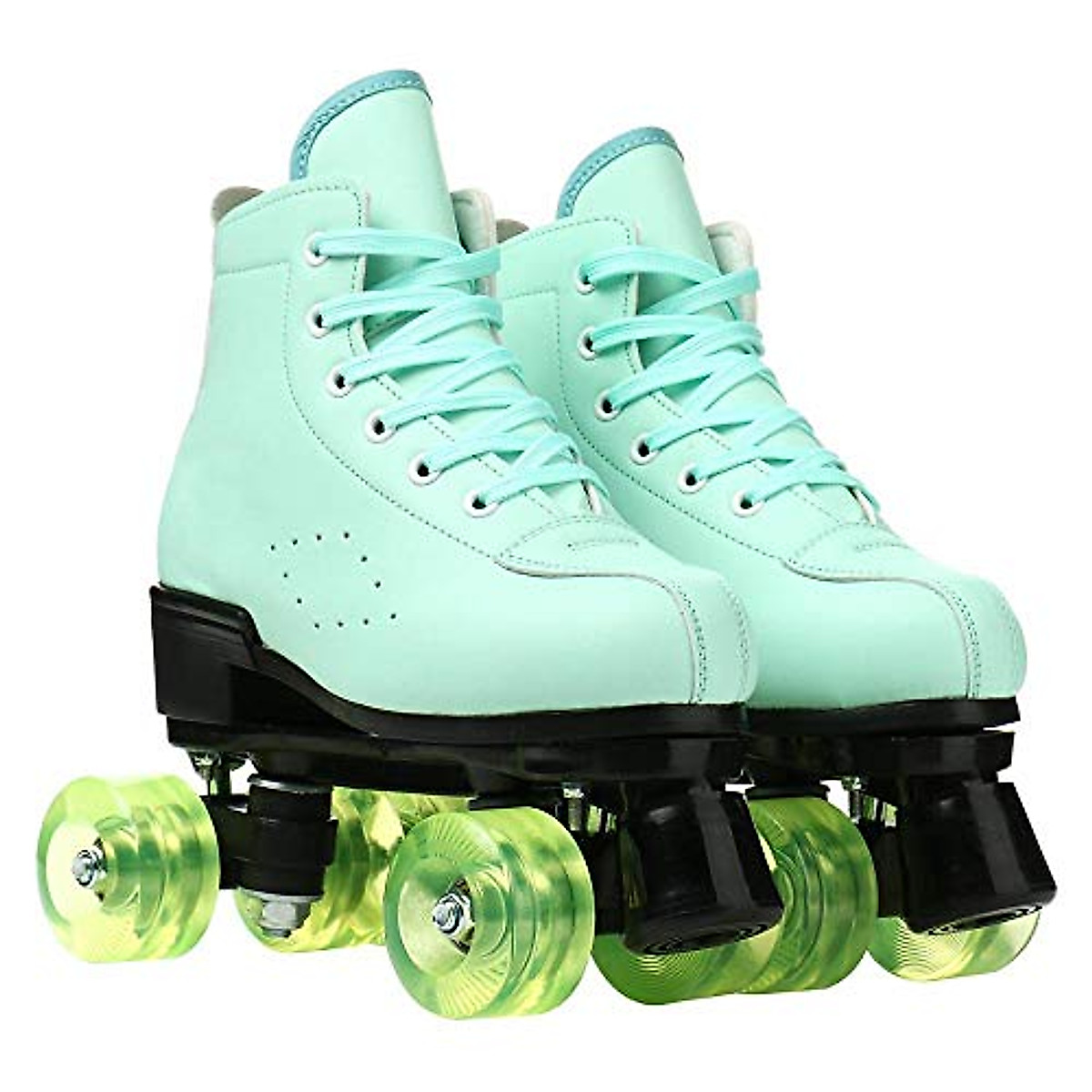 XUDREZ Roller Skates Candy Color PU Leather Shoes Double-Row Design Latest Version Flashing Pattern Roller Skates for Women and Men (Green-Flashing Wheels,42=US:Men:8-Women:9.5)