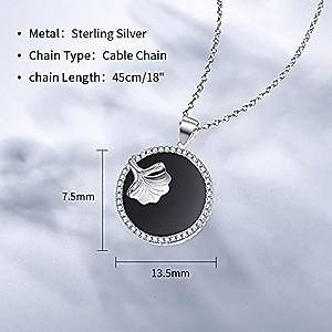 SFERT 925 Sterling Silver Ginkgo Leaf Onyx Round Pendant Necklace