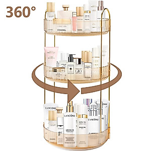 shuang qing Rotating Makeup Organizer for Vanity 3 Tier, High-Capacity Skincare Clear Make Up Storage Perfume Organizers Cosmetic Dresser Organizer Countertop 360 Spinning （Gold）