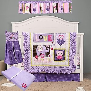 7 PCs Purple Embroidery Elephant Birds Nursery Crib Bedding Set Baby Girl Gift Idea, (CM-PEB7CS001)