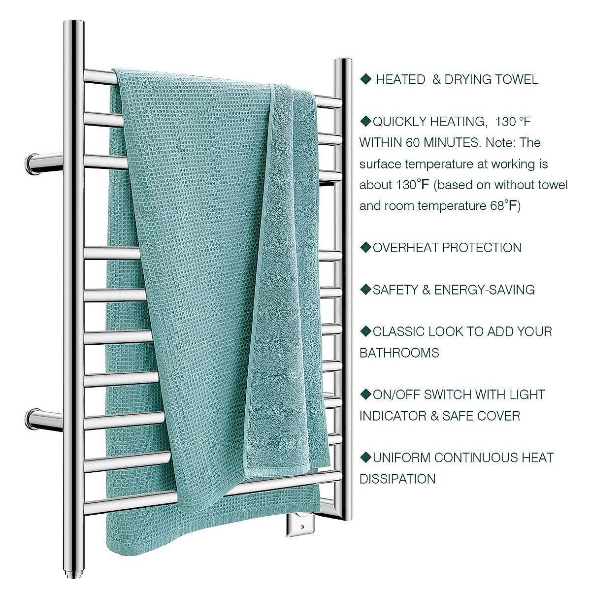 HEATGENE Towel Warmer Wall-Mounted Hardwired Heated Towel Rack Hot Towel Bar Mirror Polish