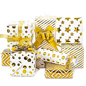Whaline Gift Wrapping Paper Set 8 Sheet White Gold Wrapping Paper with 10 Pull Bows & 24 Yard Glitter Ribbon Star Dot Stripe Foil Decorative Art Paper for Birthday Christmas Valentine's Day