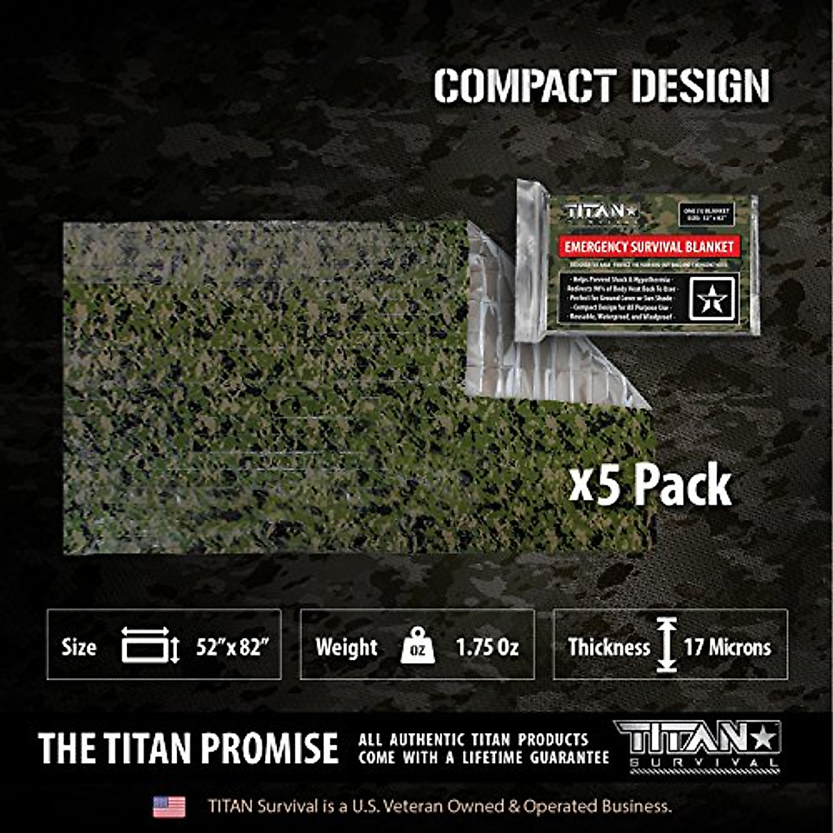 TITAN Survival Mylar Survival Blankets 5 Pack 52” x 82” - 90% Heat Retention & Waterproof Design - Emergency Blanket Cold Weather Protection & Survival Kits - Durable Space Blanket for Outdoor Use
