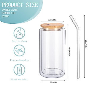 YOUKE OLA 8 Pack Pre Drilled Beer Glass Can Shaped Double Wall Glass Cans Blank with Bamboo Lid & Straws, Glass Cups for Snow Globe Glitter (Clear 12oz)