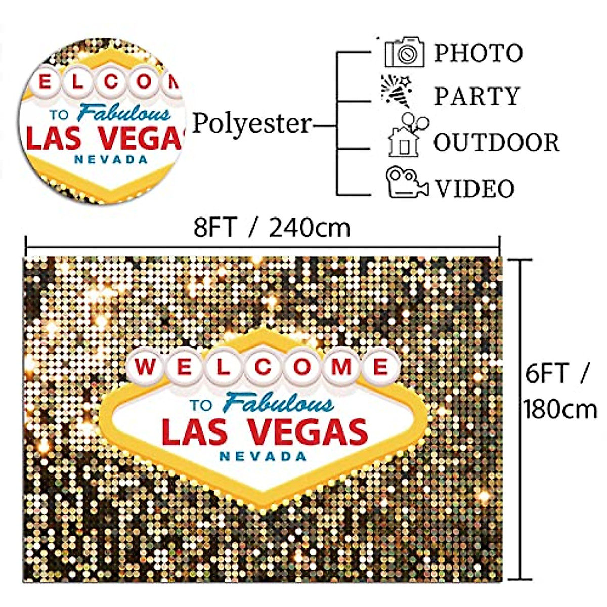 8x6ft Welcome to Las Vegas Party Backdrop for Photography Casino Night Poker Themed Birthday Party Photo Background Gold Luxury Prom Costume Dress-up Party Photoshoot Banner