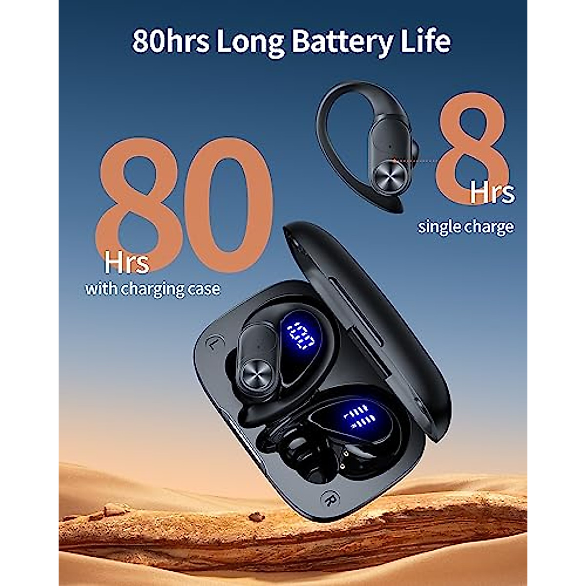 Bluetooth Headphones Wireless Earbuds 80hrs Playtime Wireless Charging Case Digital Display Sports Ear buds with Earhook Premium Deep Bass IPX7 Waterproof Over-Ear Earphones for TV Phone Laptop Black