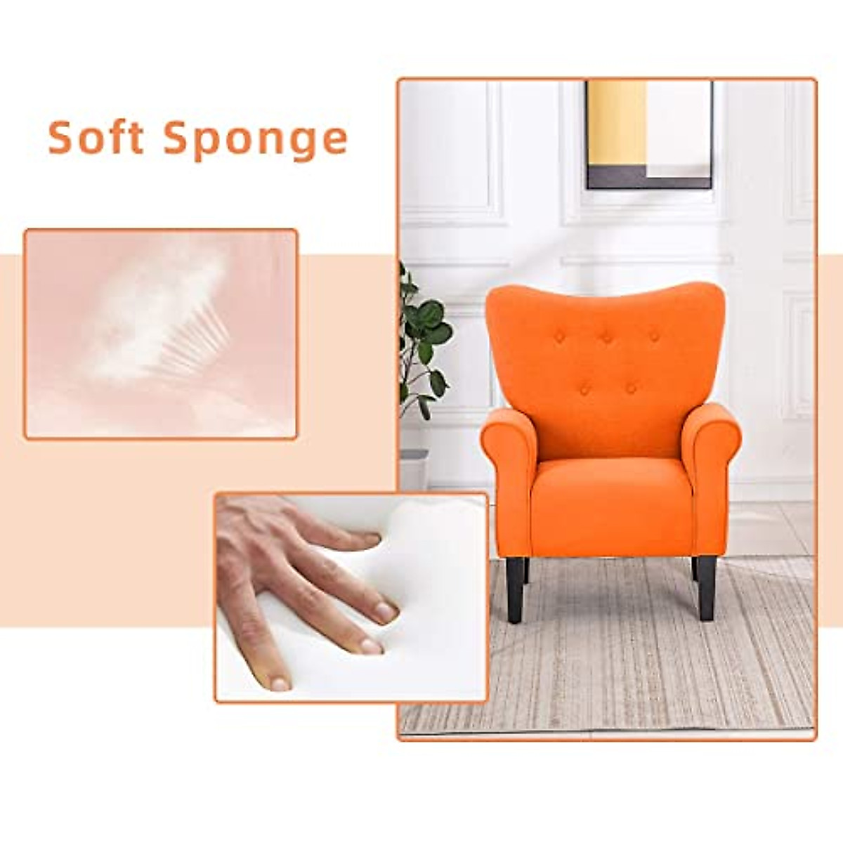 YOLENY Modern Accent Chair,High Back Armchair,Upholstered Fabric Button Single Sofa with Wooden Legs for Living Room,Bedroom,Club,Orange