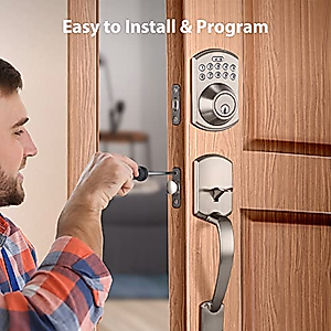 Keyless Entry Door Lock with Handle, TRAUST Electronic Keypad Deadbolt, 4-Piece Front Door Lock Set, Auto Lock, 1-Touch Locking, Low Battery Alert, 10 User Codes, IP54 Waterproof, Satin Nickel