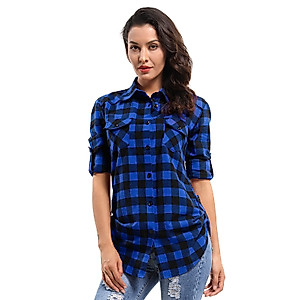 OCHENTA Women's Roll Up Sleeve Button Down Plaid Flannel Shirt Fall Casual Tops D005 Blue Black XS