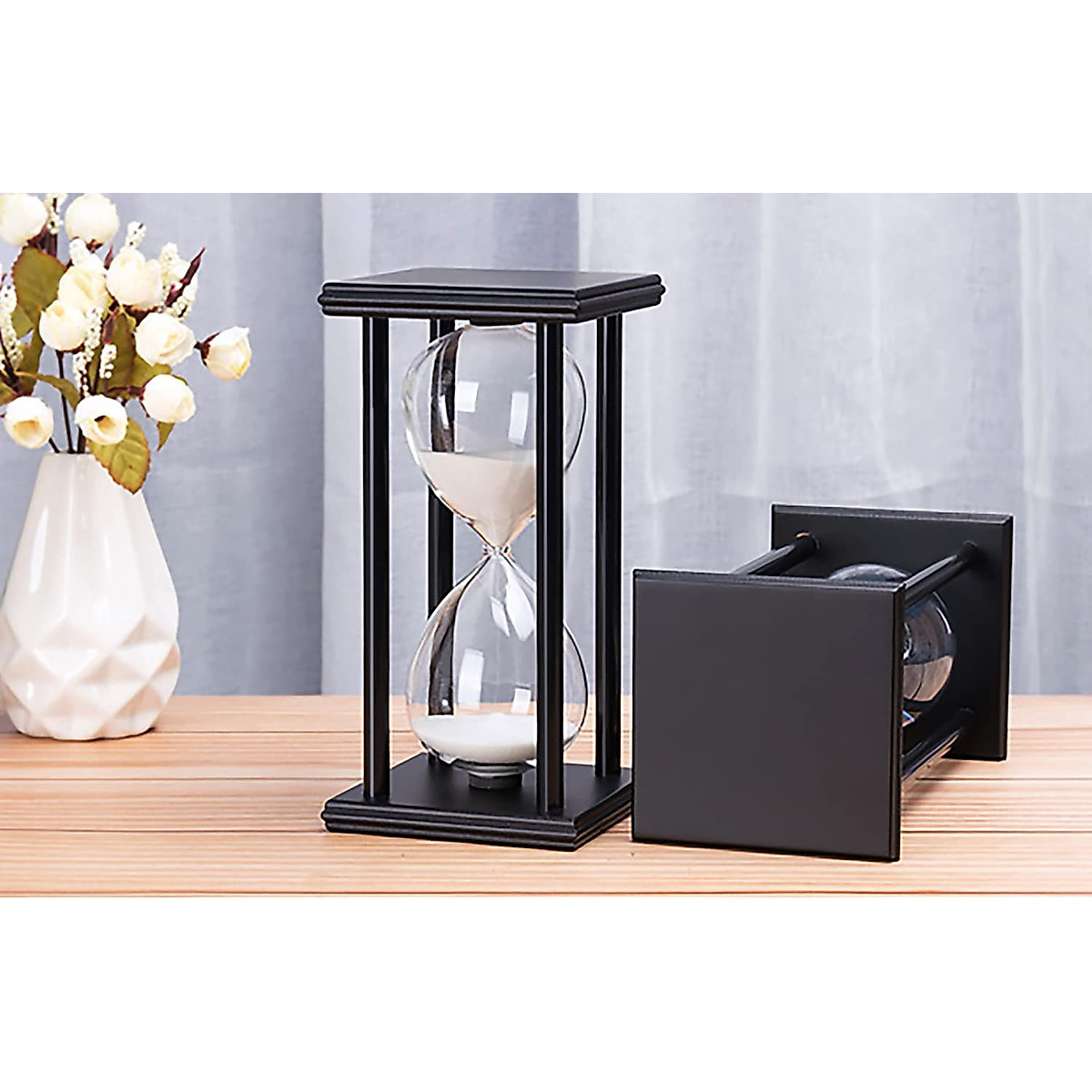 Hourglass 60 Minutes 8 inch Sand timers Tanmalan (White Sand,Black Frame,60±6Minutes,8x4x4inch)