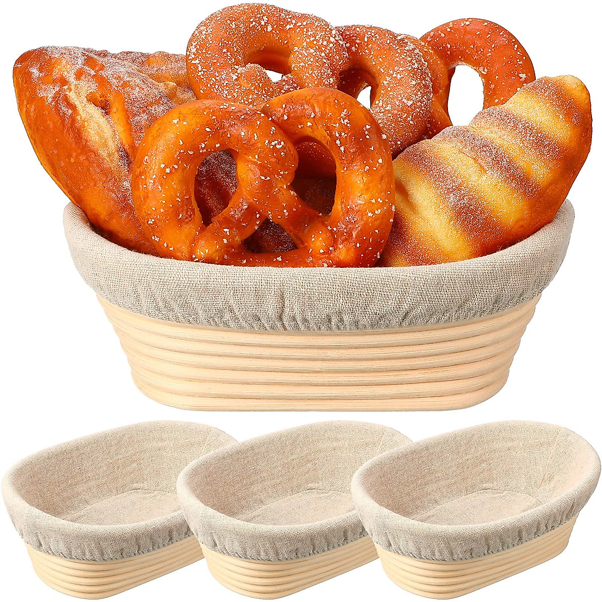 Set of 4 Bread Proofing Basket 8 Inches Oval Shaped Sourdough Bread Proofing Bowl with Liner Rising Rattan Banneton Bowl for Dough Baking