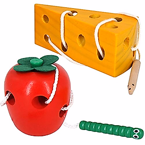 Early Development Toys Wooden Lacing Toys, Montessori Activity Caterpillars Eat Apple and Kids Cheese Toys, Children Learning Educational Wood Block Puzzles Toy for Toddlers Boys Girls