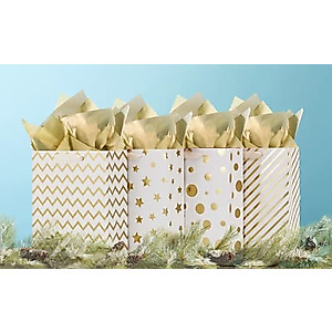 UNIQOOO 12Pcs Metallic Gold Christmas Gift Bags Bulk with 12 Sheets Gold Tissue Paper, Large 12.5 Inch, Assorted Modern Geometric Paper Gift Wrap Bag, For Holiday Birthday Wedding Gift Packaging Decor