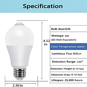 Motion Sensor Light Bulbs, 9W (60W Equivalent) A19 E26 5000K, Motion Detector Auto Activated Dusk to Dawn Security Bulbs, Outdoor/Indoor for Porch Garage Basement Hallway Closet (Daylight 2 Pack)