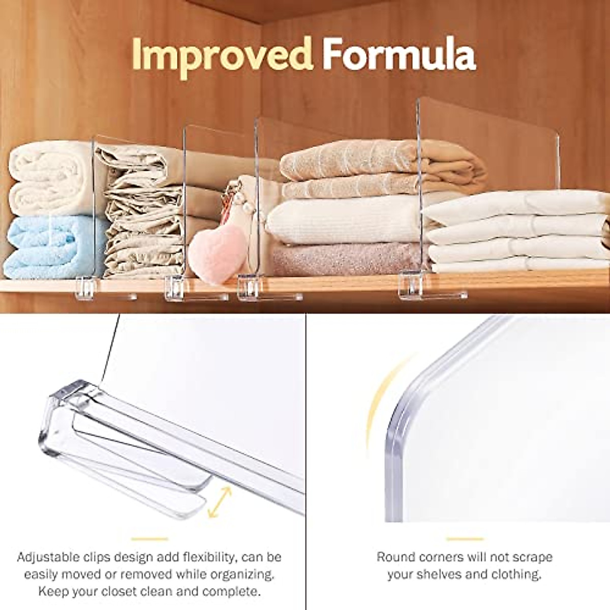 Sclvdi Acrylic Shelf Dividers,4 Pcs Closets Shelf Organizer for Clothing Handbags Books in Pantry, Bedroom and Kitchen, Adjustable Clear Closet Separator Wood Shelves Organize