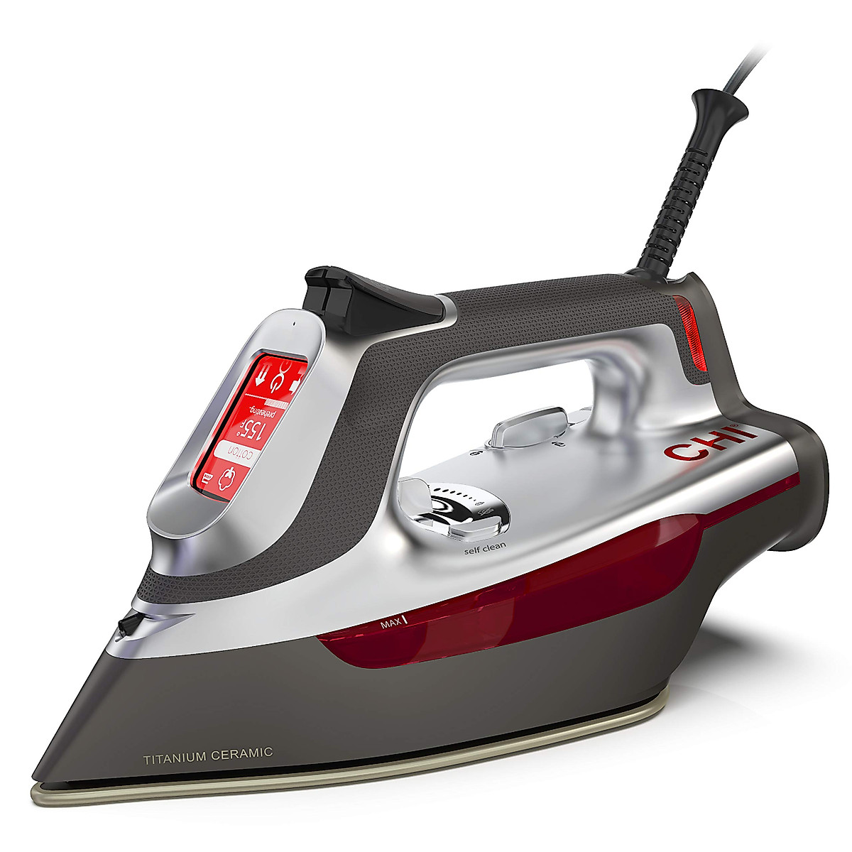 CHI Steam Iron for Clothes with Titanium Infused Ceramic Soleplate, 300+ Holes for Powerful Steaming, XL 10’ Cord, 3-Way Auto Shutoff, 1800 Watts, Advanced Touchscreen, Silver (13103)