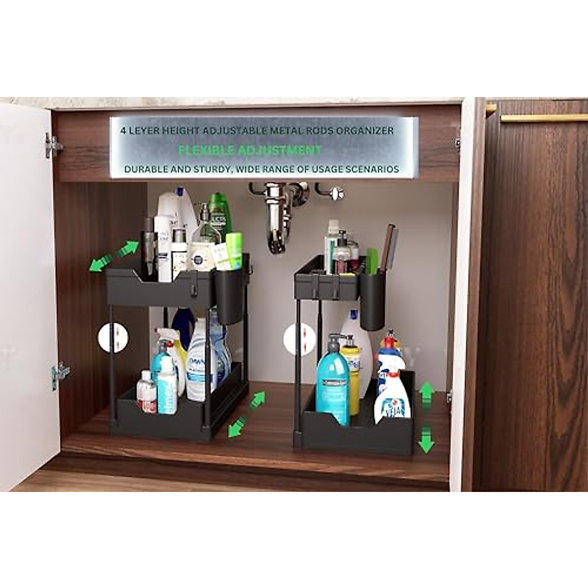 2 Sets of 2 -Tier Multi-Purpose Under Sink Organizer and Storage, Adjustable Height Pull Out Under Sink Kitchen Bathroom Cabinet with 8 Hooks and 2 Hanging Cup, Kitchen Sink Splash Guard
