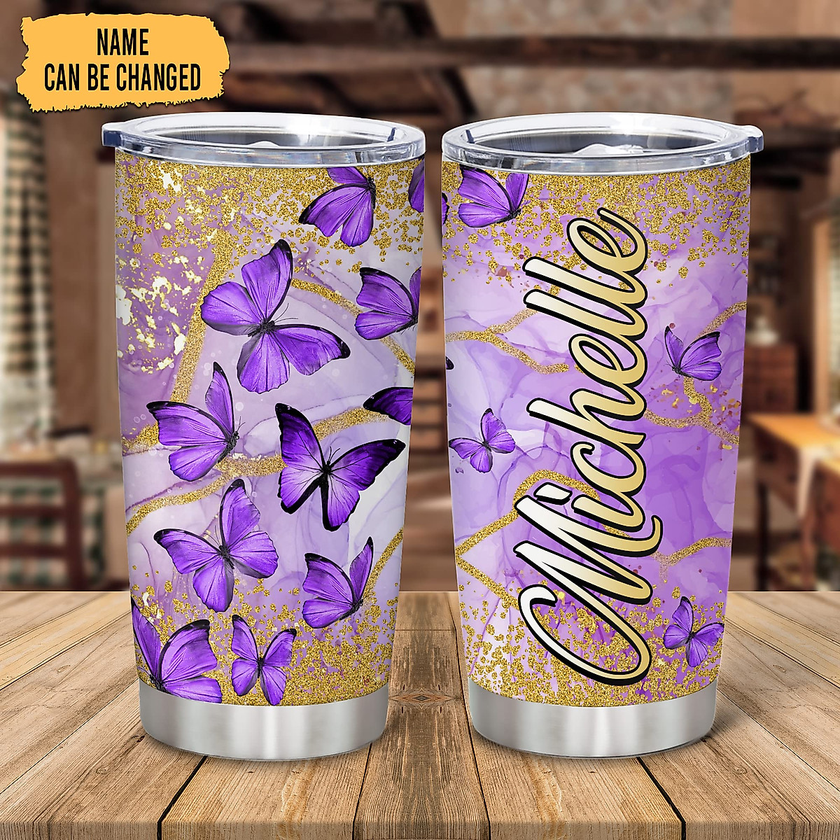Hyturtle Personalized Gifts For Butterfly Lover - Butterflies Prints Custom Name Stainless Steel Tumbler 20oz With Lid - Idea Butterfly Lover Gifts For Women Girl Kids On Birthday, Christmas