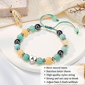UNGENT THEM Initial Charm Natural Stone Bracelet for Granddaughter Niece, Birthday Valentines' day Christmas Gifts for Girls, Nylon, Cubic Zirconia