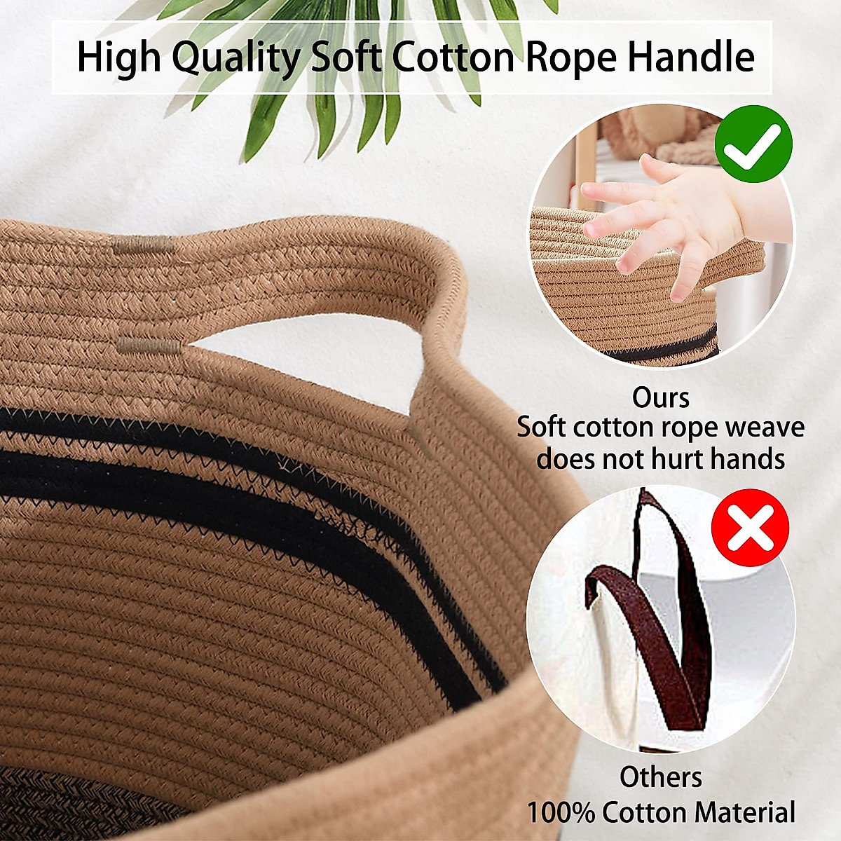 Woven Laundry Basket Hamper, 80L Tall Basket for Blanket Storage, Cotton Rope Decorative Storage for Living Room, Dirty Clothes Basket, Baby Hamper for Nursery (Black & Brown)